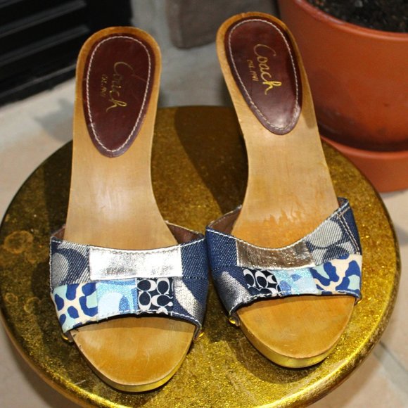 Coach | Shoes | Coach Allissa Brown And Blue Patchwork Wood Slide Heels ...